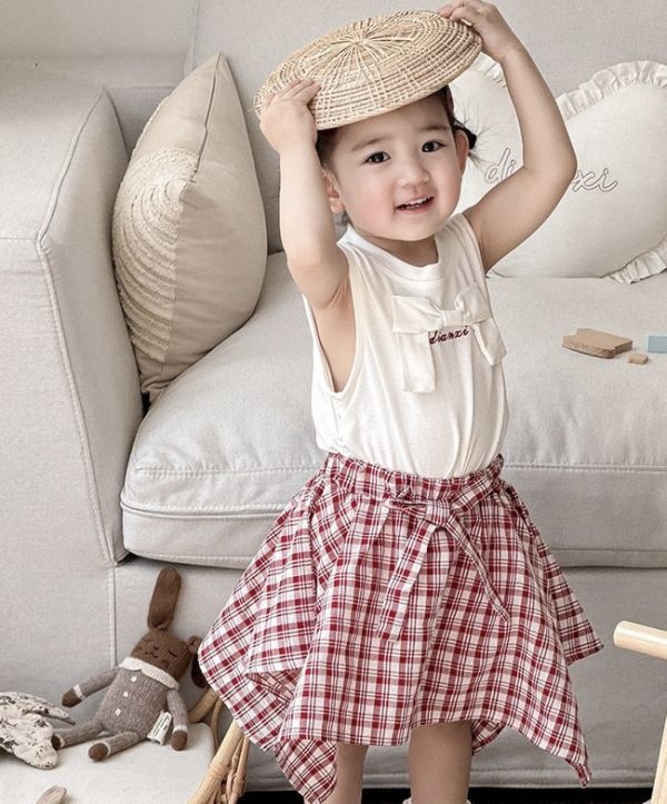 立體蝴蝶結背心+格紋不規則裙套裝 - GRL_Wang 童裝