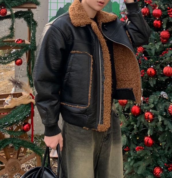 高領抽鬚皮革野馬夾克 - SYC.studio