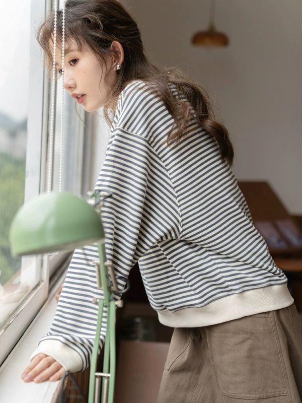 《Rice》純棉 假兩件條紋大學T - Nini Korea 輕甜女裝選品店