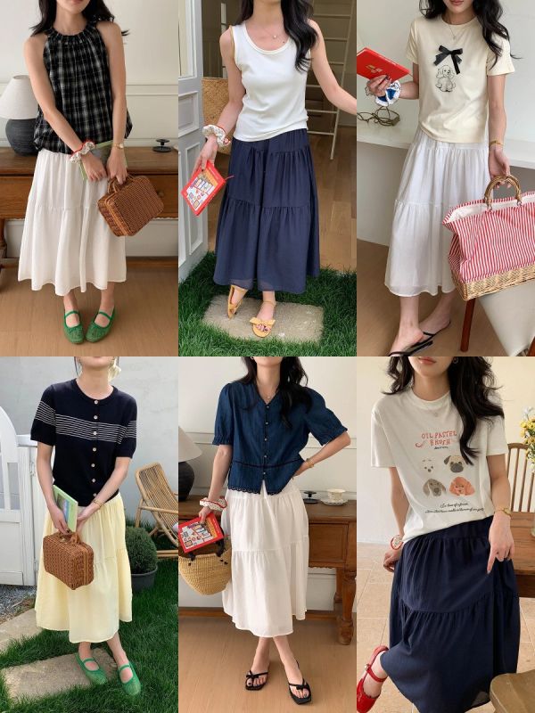 《Less is More》天絲 多層次拼接感鬆緊長裙(藍) - Nini Korea 輕甜女裝選品店