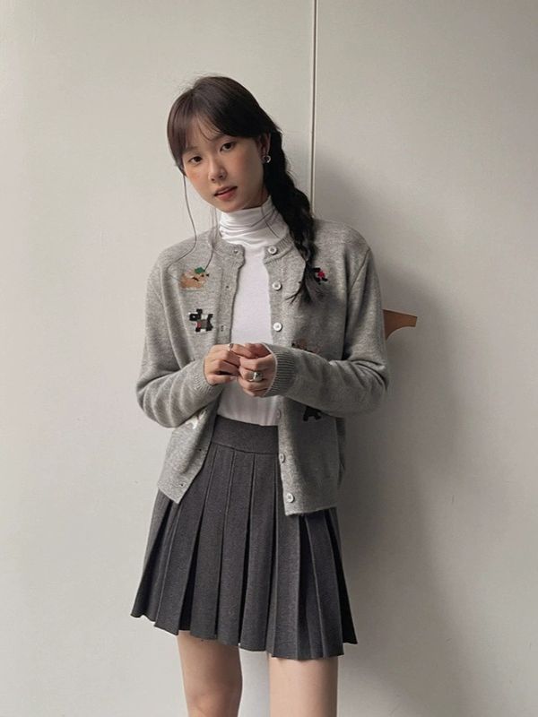 《Apxivi》10%羊毛 緹花狗狗針織外套(灰) - Nini Korea 品牌女裝。選品店