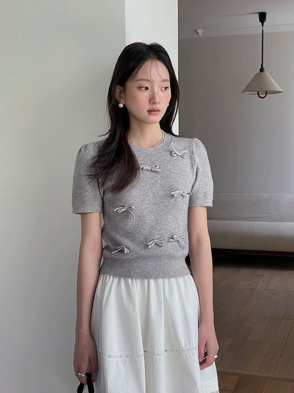 《Apxivi》立體蝴蝶結針織短袖上衣(灰) - Nini Korea 輕甜女裝選品店