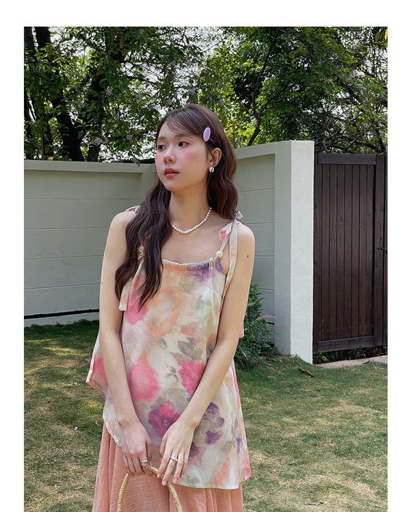 《Apxivi》兩件式套裝 棉麻 暈染綁帶背心+鬆緊長裙(粉) - Nini Korea 輕甜女裝選品店