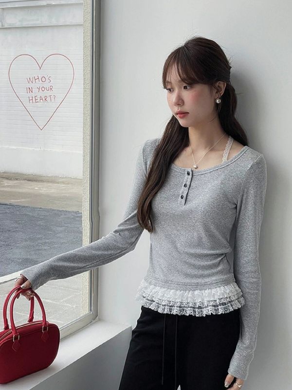 《Apxivi》假兩件蕾絲花邊綁帶長袖上衣(灰) - Nini Korea 輕甜女裝選品店
