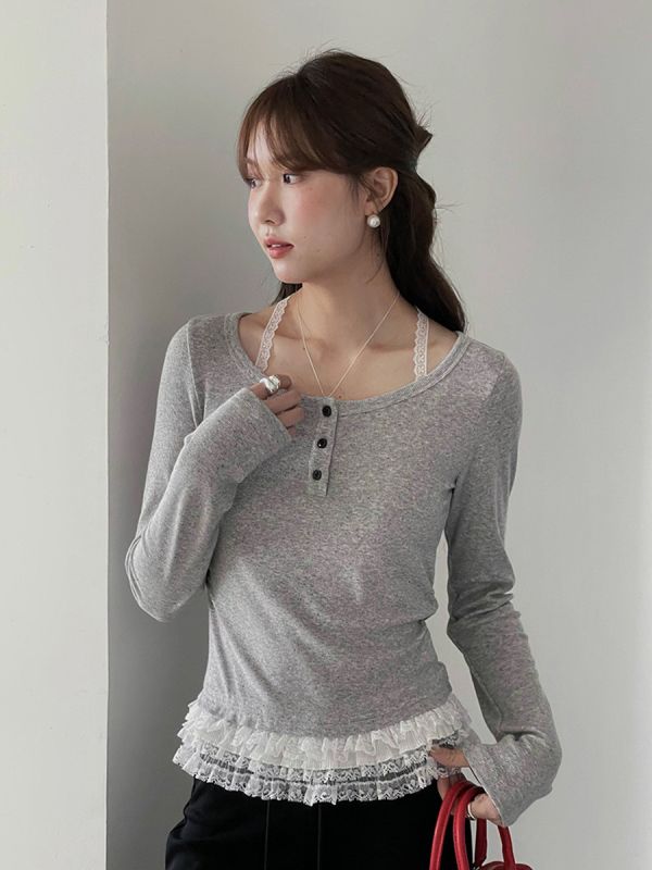 《Apxivi》假兩件蕾絲花邊綁帶長袖上衣(灰) - Nini Korea 輕甜女裝選品店