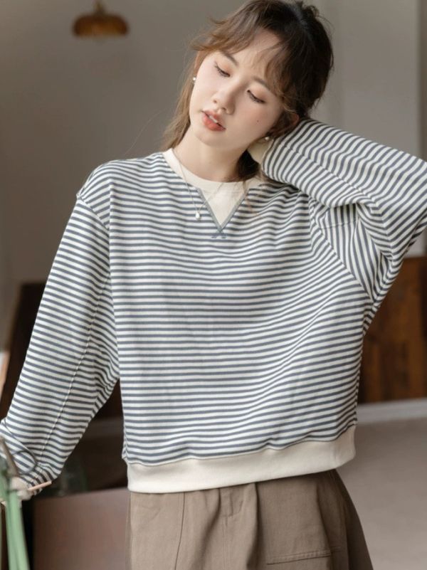 《Rice》純棉 假兩件條紋大學T - Nini Korea 輕甜女裝選品店