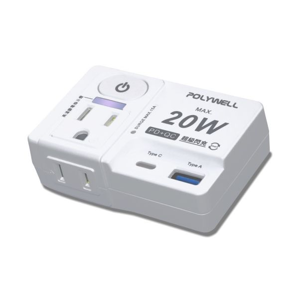 POLYWELL 1切2 壁插 20W USB Type C A 快充 帶開關 防火材質 充電頭 插座 高溫斷電 轉接頭 - 3C Republic